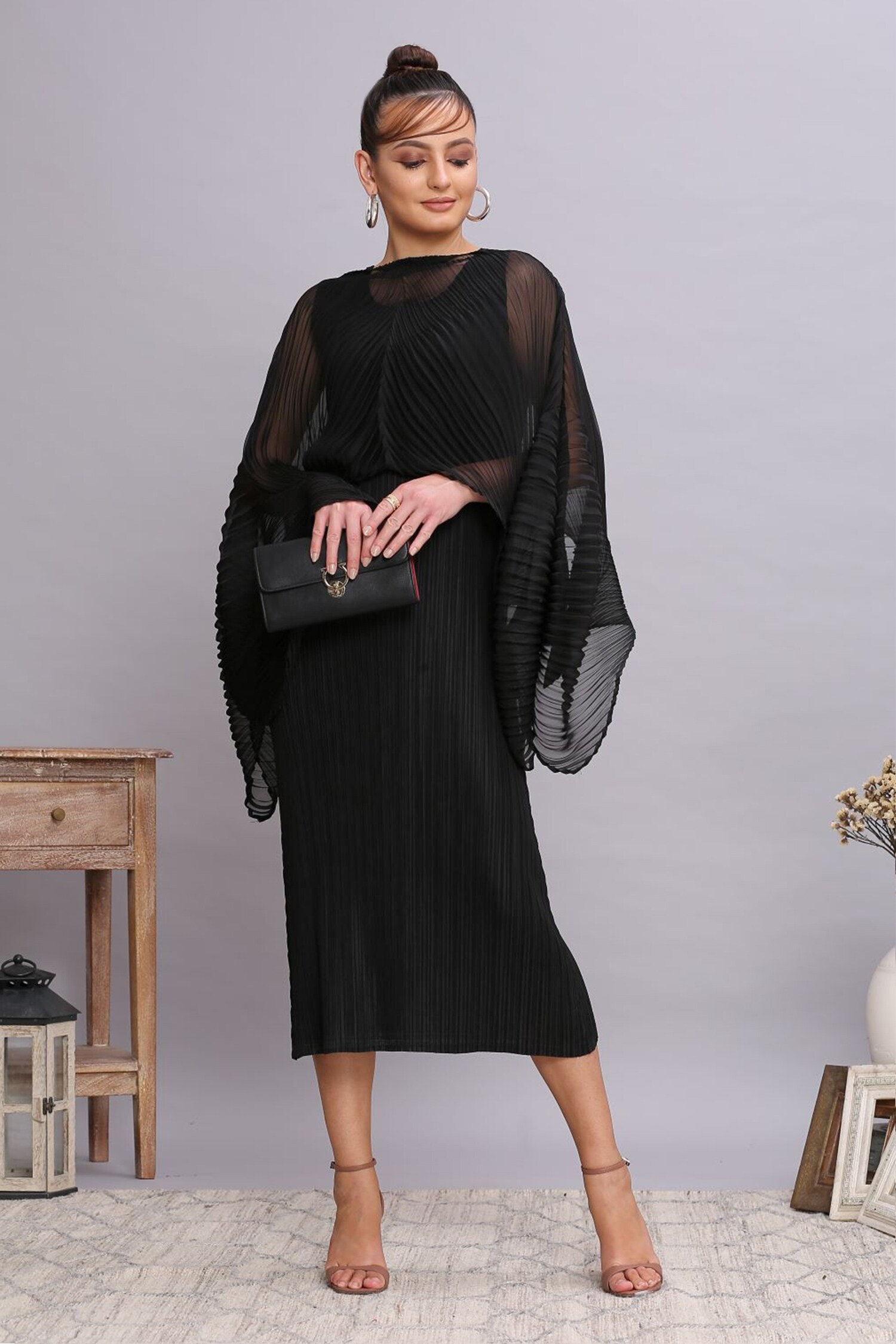 Buy Pleats By Aruni Black Pleated Midi Dress With Cover Up Online | Aza ...