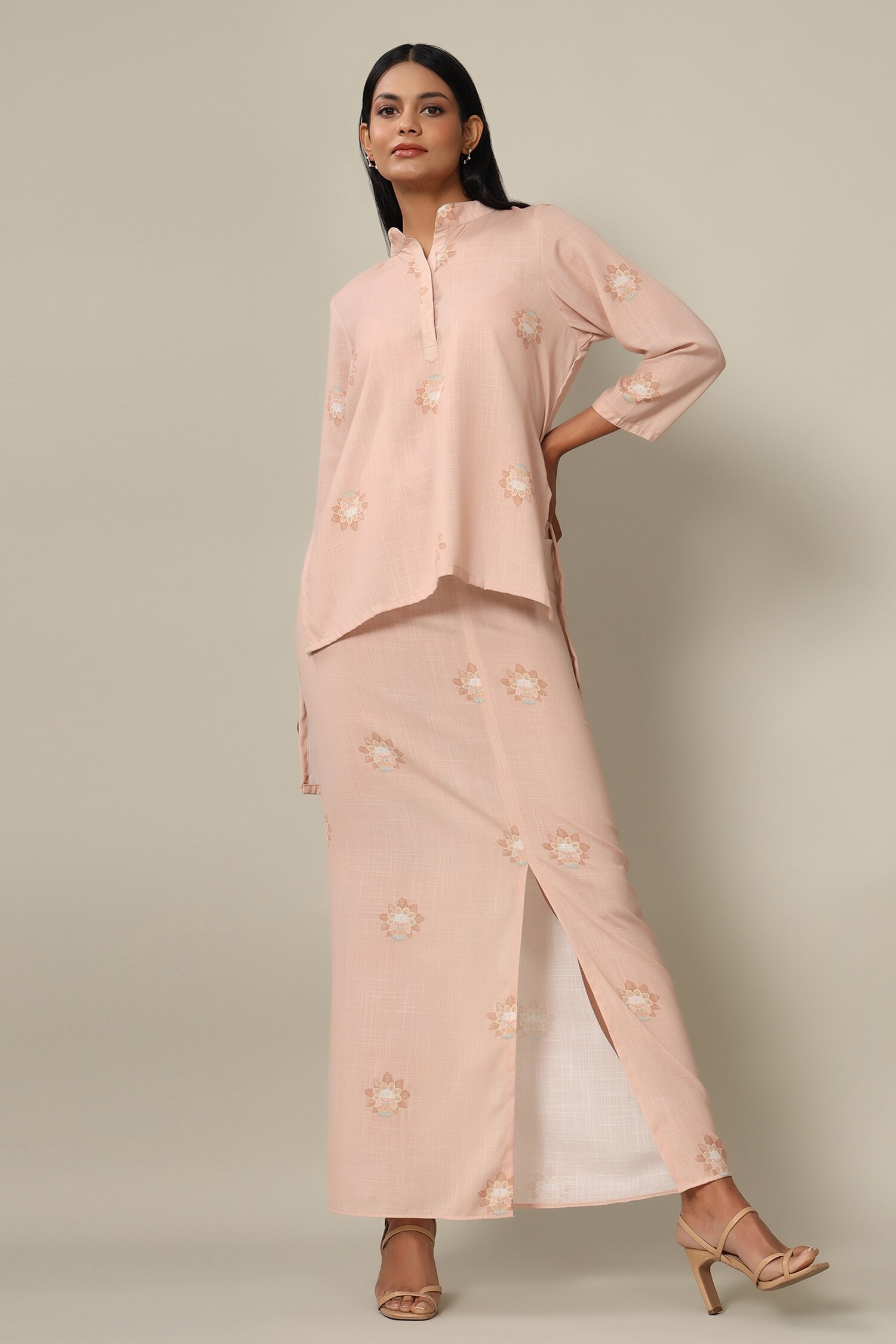 Buy Peach Rayon Slub Floral Band Kurti And Skirt Set For Women by Pasha ...