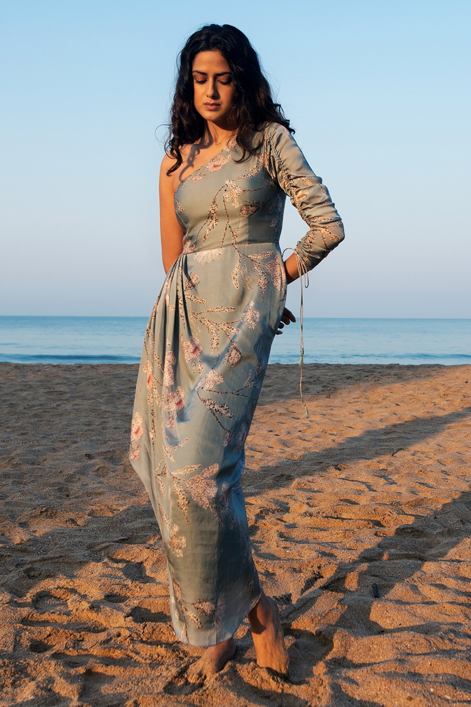 Buy Green Organza Satin Print Floral One Shoulder Draped Dress For ...