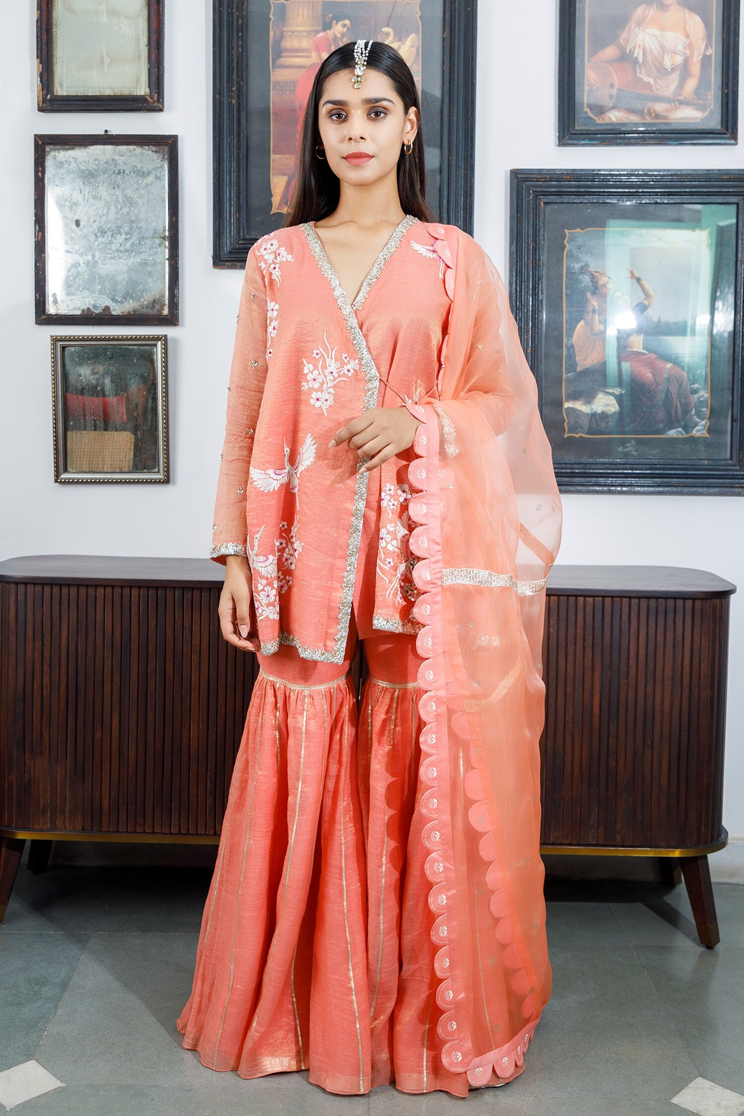 Buy Peach Pure Silk Tissue Embroidery Zardozi V Neck Angrakha Sharara