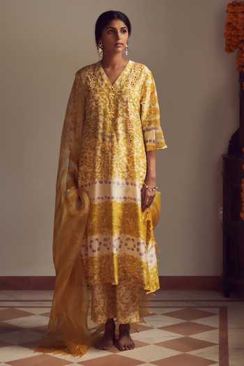 Buy Amita Gupta Yellow Silk Chanderi Kurta Palazzo Set Online | Aza ...