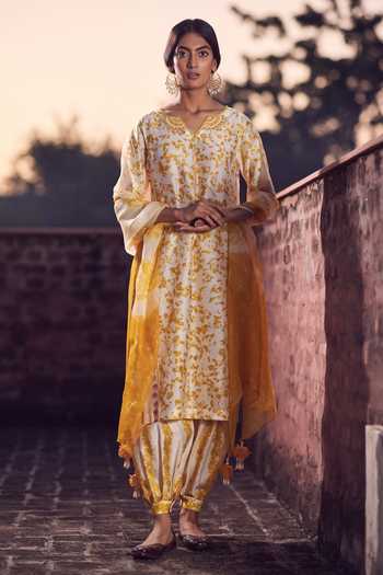 Buy Yellow Kurta And Salwar: Chanderi & Dupatta: Kota Print & Set For ...