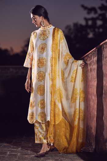 Buy Yellow Kurta And Palazzo: Chanderi & Dupatta: Kota Print & Set For ...