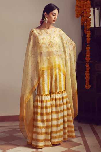 Buy Amita Gupta Yellow Blouse Silk Organza Cape Sharara Set Online ...
