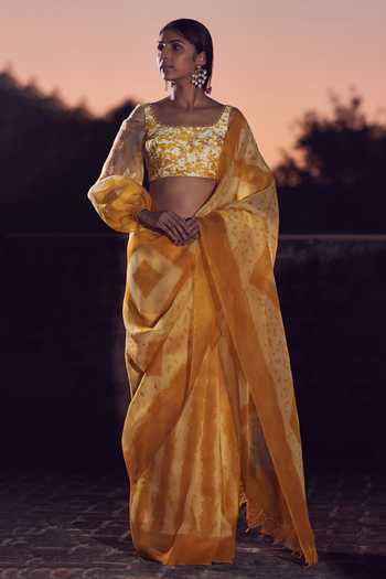 Buy Amita Gupta Yellow Printed Saree With Blouse Online | Aza Fashions