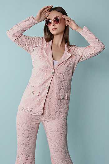 Buy Evra by Nikita Pink Lace Work Jacket And Pant Set Online | Aza Fashions