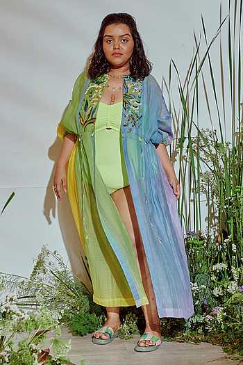 Buy Purple Chanderi Embroidered Bead Work Tropical Garden Ombre Jacket ...