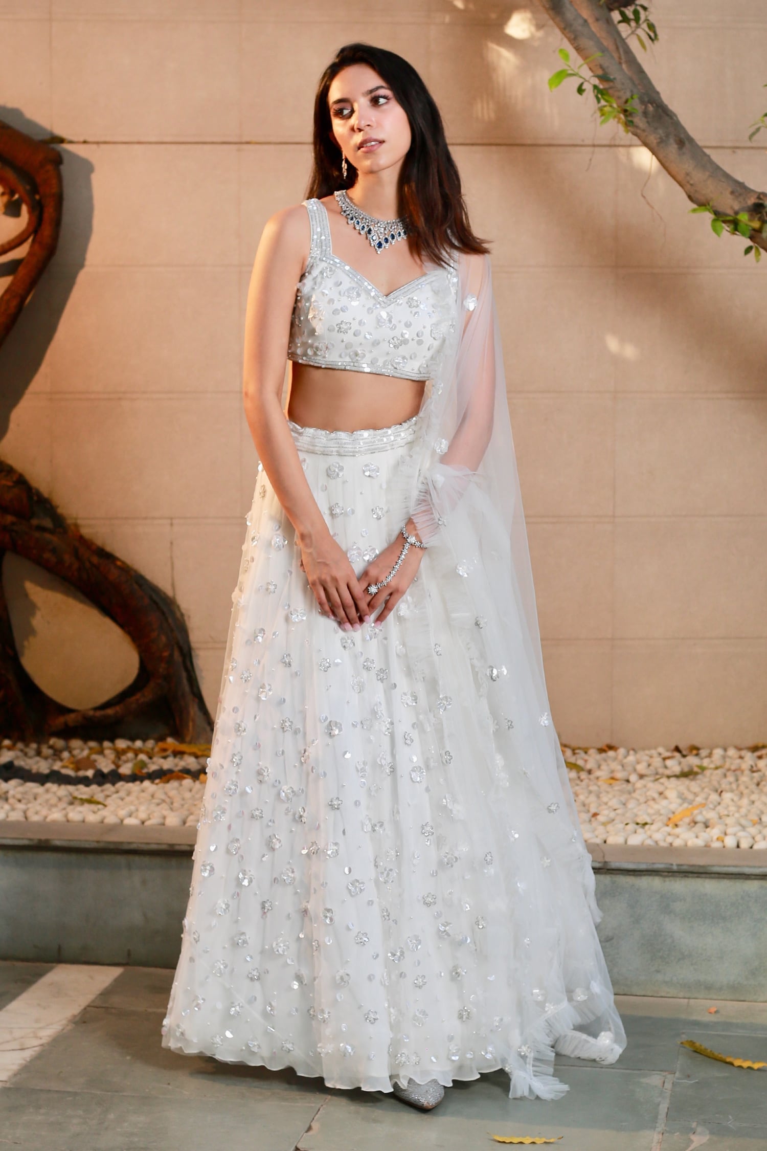 Buy Powder Pink White Net Floral Embellished Lehenga Set Online | Aza ...