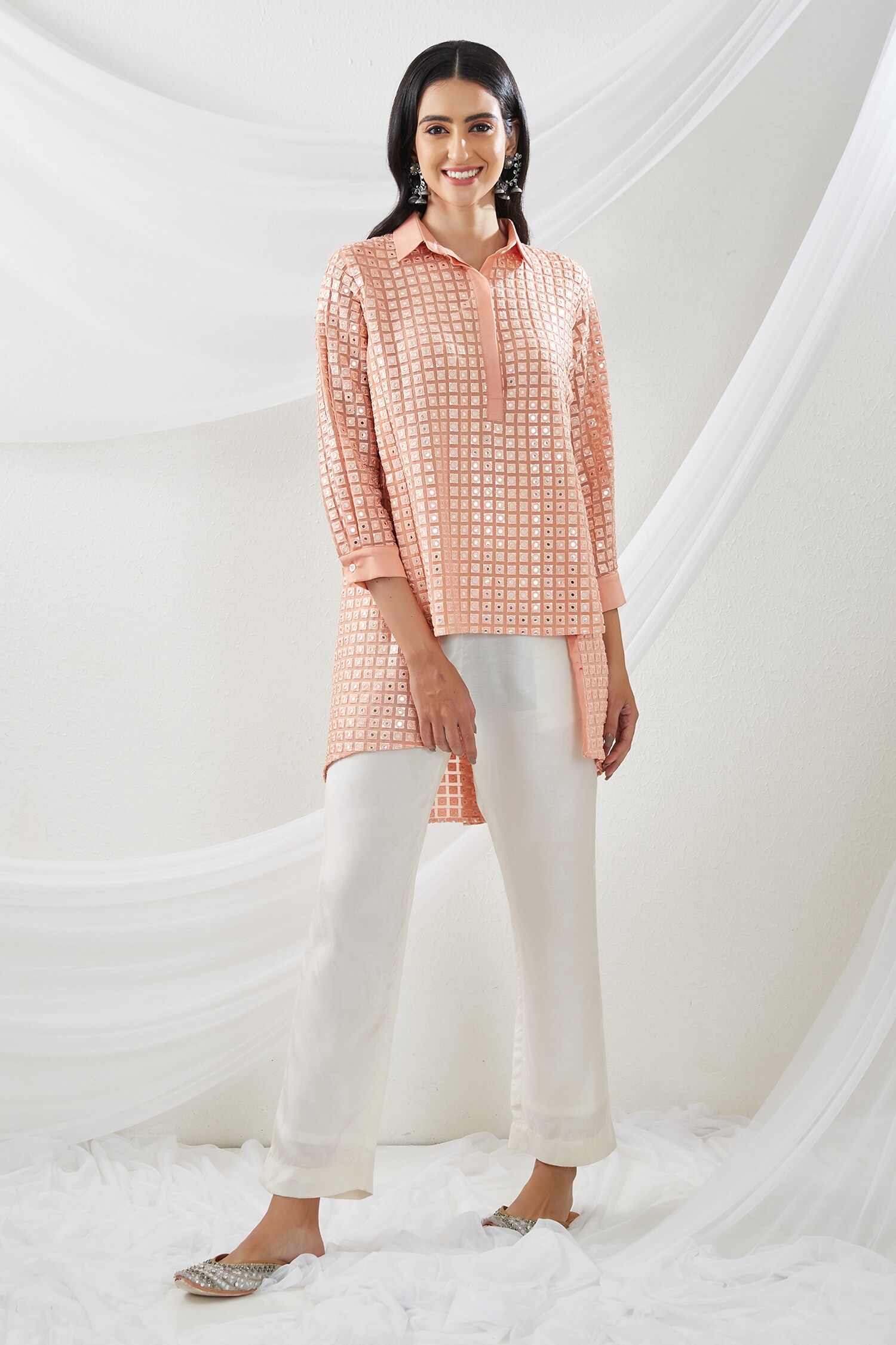 Buy Peach Georgette Embroidered Mirror Work Shirt Tunic And Pant Set ...