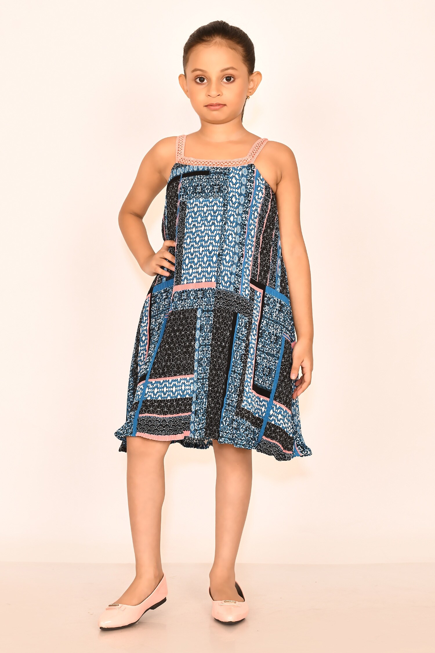 Buy Blue Cotton Blend Printed Patchwork Dress For Girls by LittleCheer ...