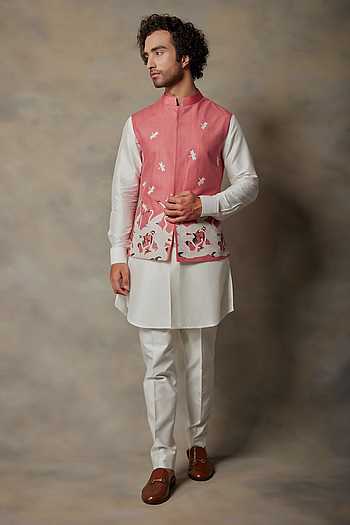 Buy Pink Moonga Silk Embroidered Applique Bird Bundi And Kurta Set For ...