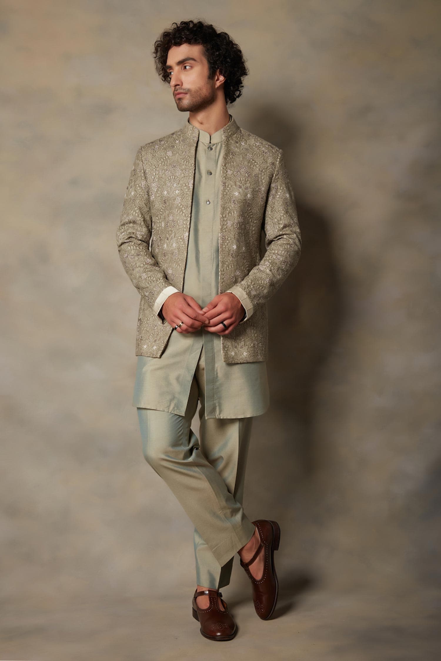 Buy Green Linen Embroidered Floral Bandhgala And Kurta Set For Men by ...