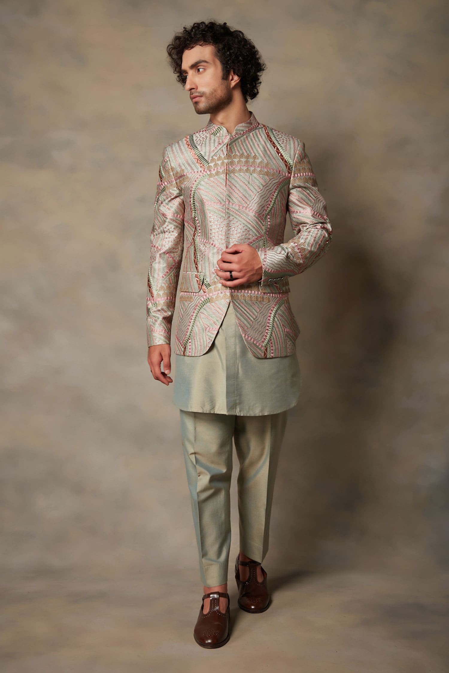 Buy Multi Color Polyester Embroidered Geometric Bandhgala And Kurta Set ...