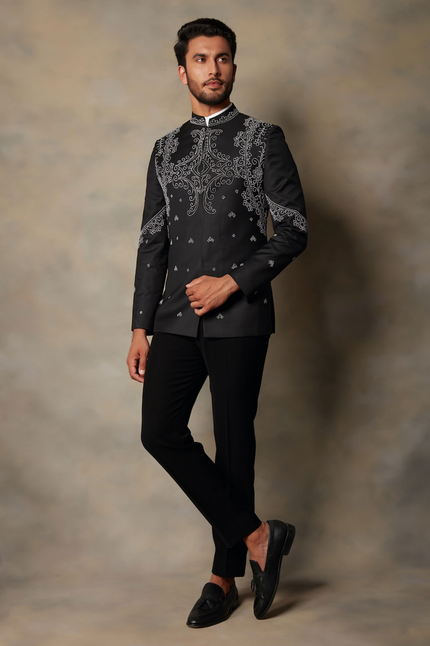 Buy Black Terry Wool Embroidered Floral Bandhgala Set For Men by Gargee ...