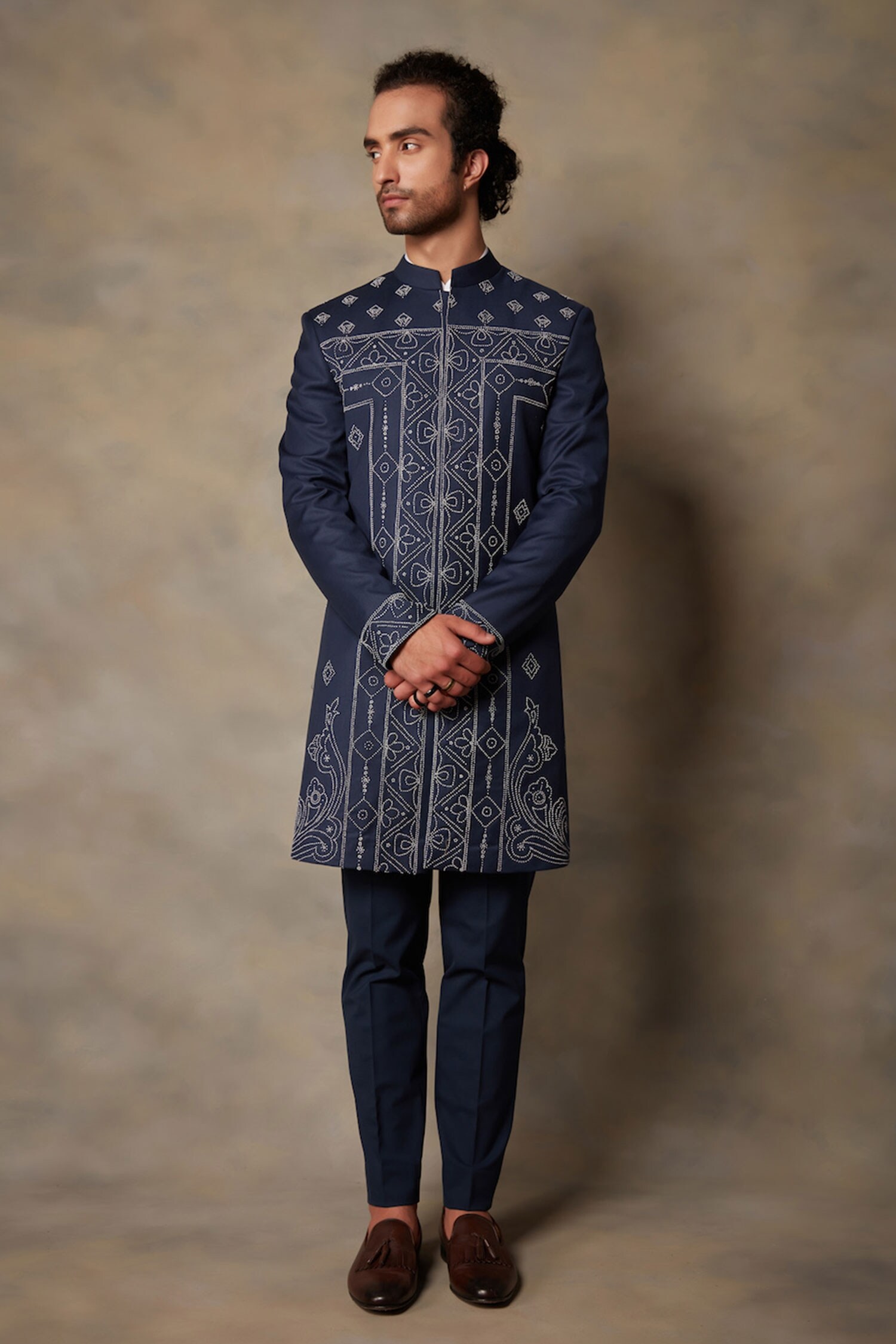Buy Gargee Designers Blue Terry Wool Floral Embroidered Sherwani Set ...
