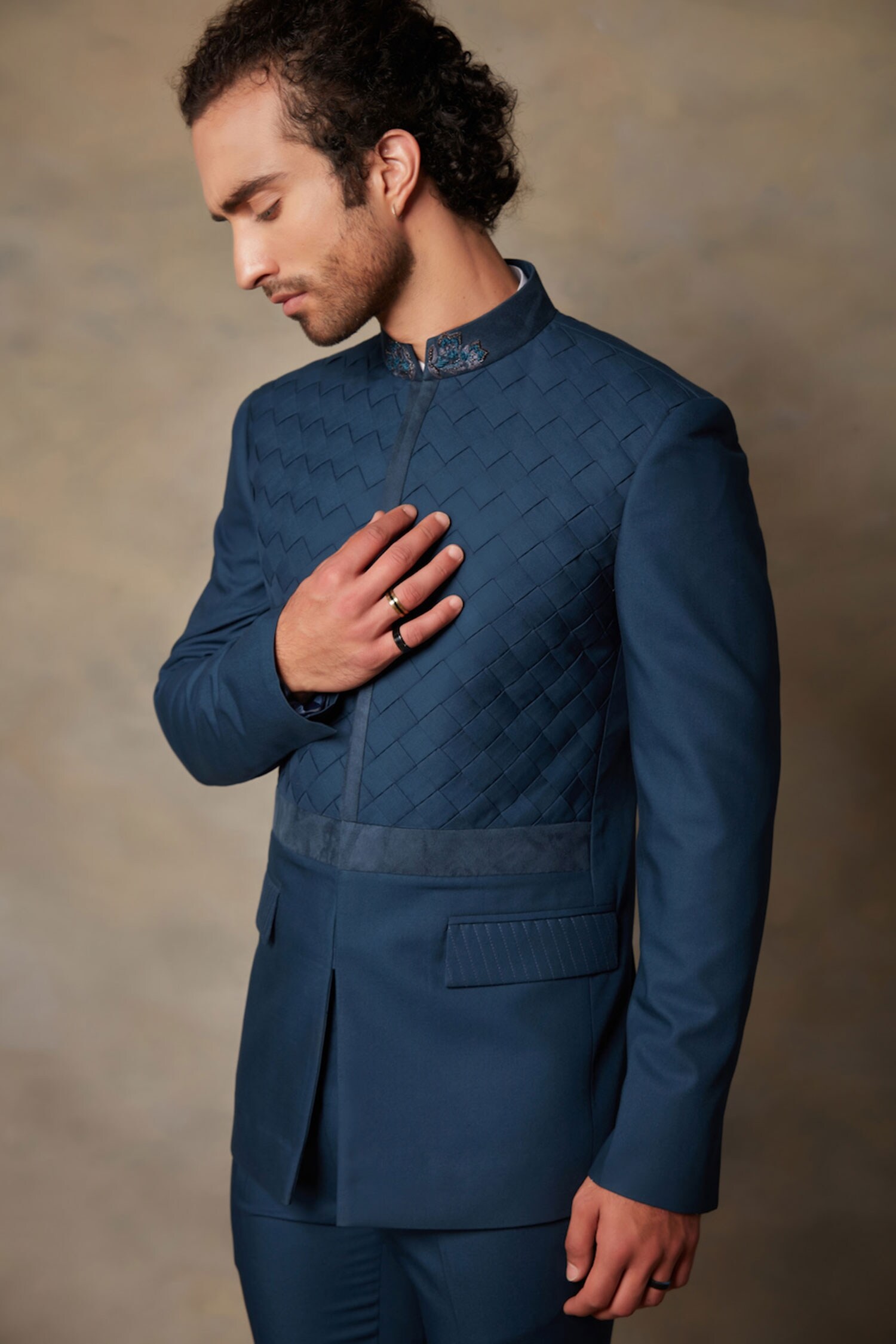 Buy Gargee Designers Blue Polyester Viscose Woven Bandhgala Set Online ...