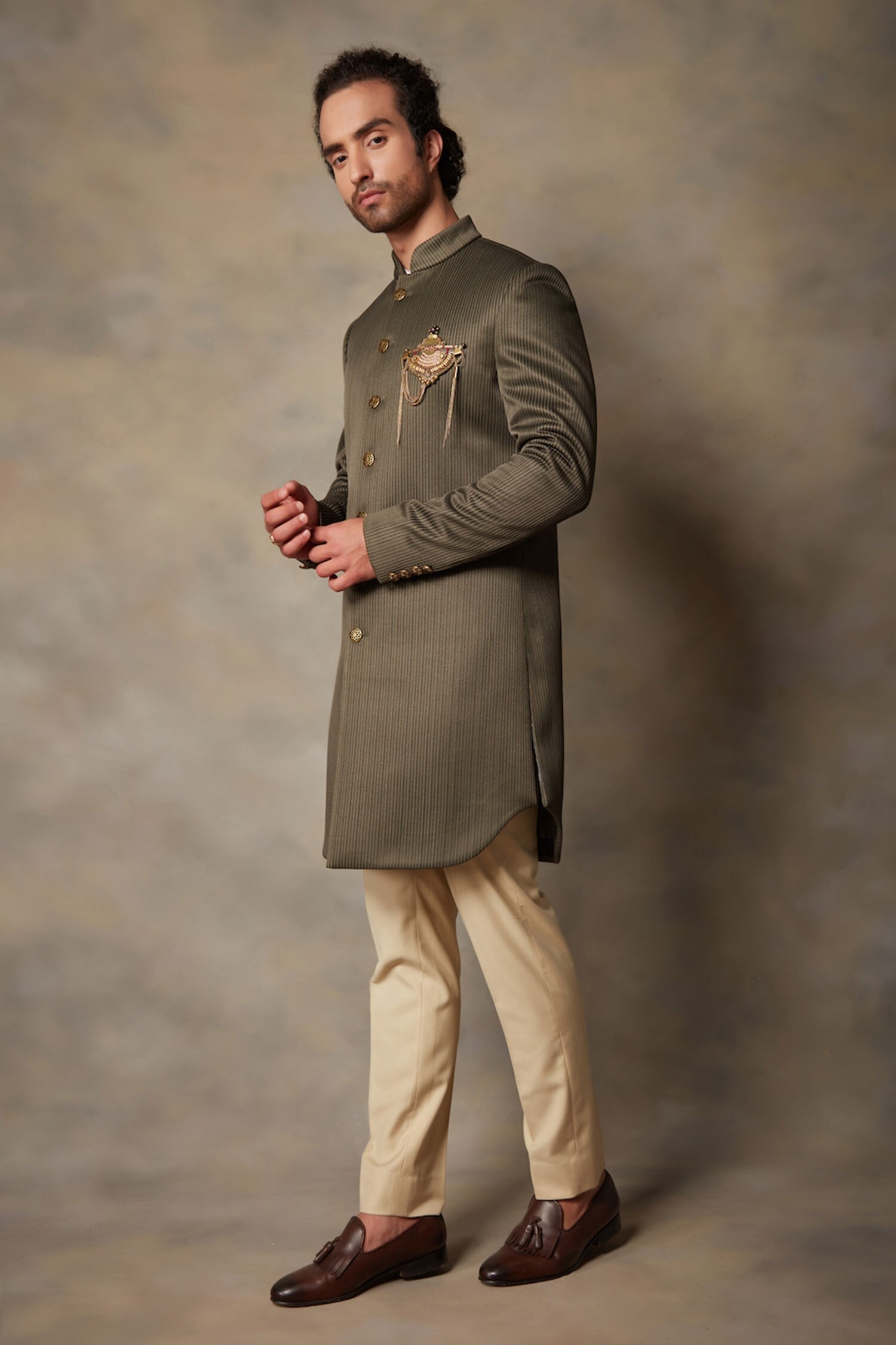 Buy Gargee Designers Green Textured Sherwani Set Online | Aza Fashions