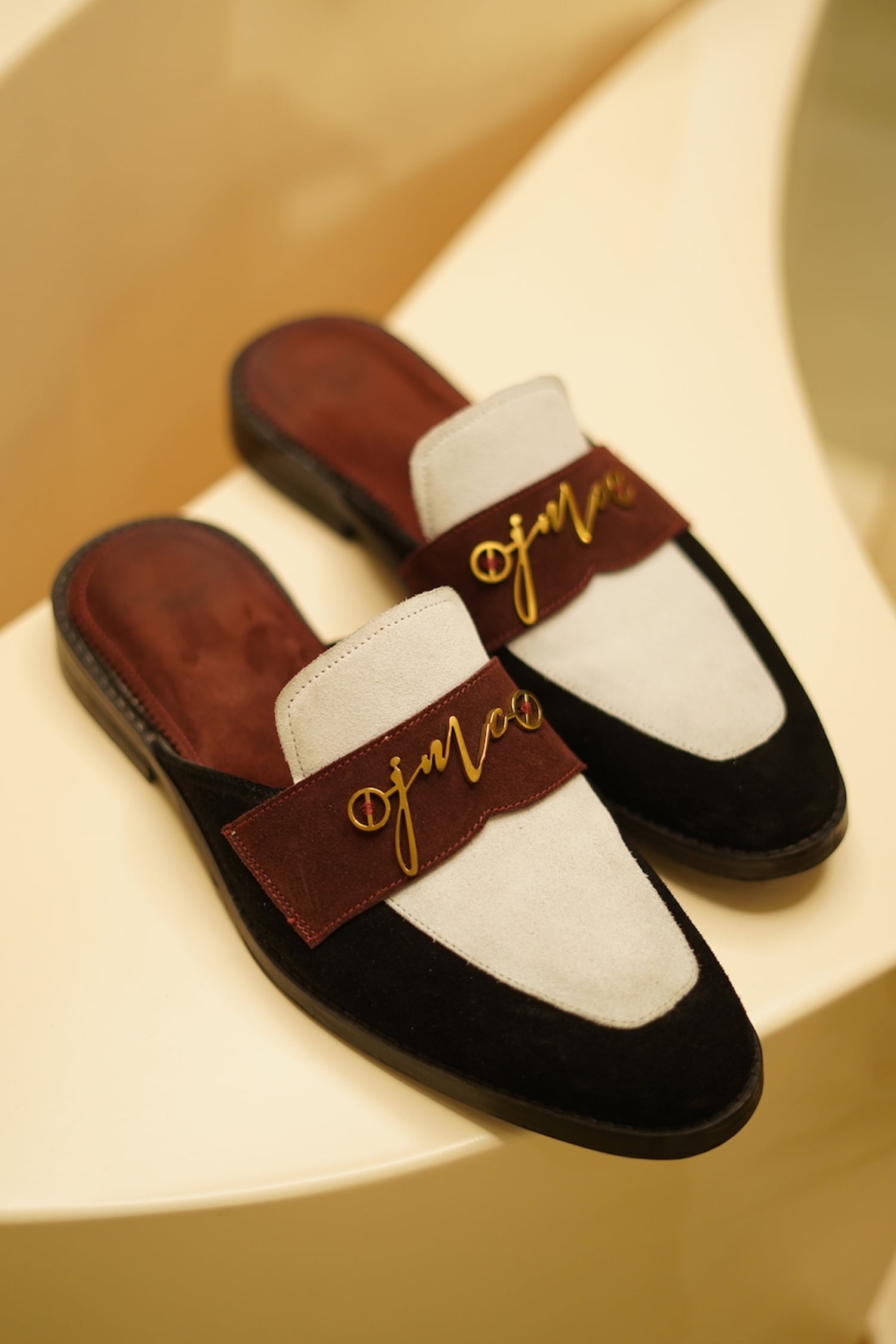 Buy Jatin Malik Multi Color Suede Colorblock Mules Online | Aza Fashions