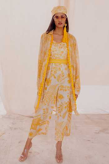 Buy Pooja-Keyur Yellow Cotton Satin Floral Print Shirt And Jumpsuit ...