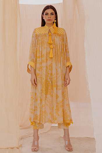 Buy Pooja-Keyur Yellow Chiffon Printed Anarkali And Pant Set Online ...