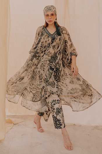 Buy Green Chiffon Printed Floral V Neck Tunic And Pant Set For Women by ...