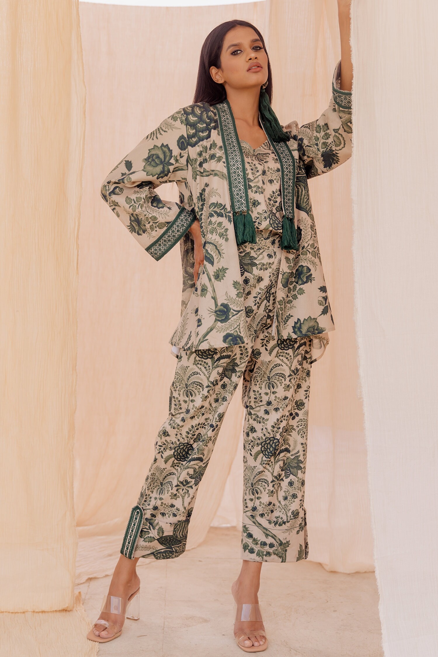 Buy Green Cotton Satin Printed Floral Jacket: Open And Pant Set For ...