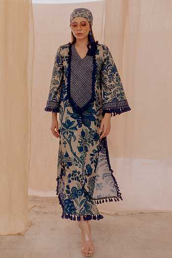 Buy Pooja-Keyur Blue Cotton Satin Floral Print Tunic Online | Aza Fashions