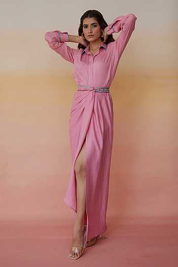 Buy Aapro Pink Modal Krabi Shirt And Wrap Skirt Set Online | Aza Fashions