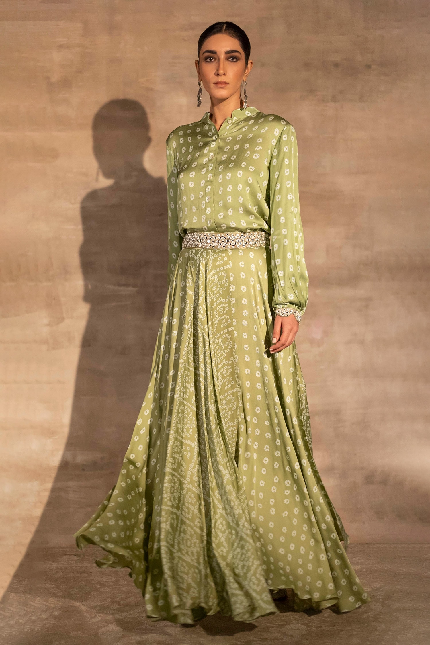 Buy Green Viscose Satin Print And Embroidery Bandhani & Shirt & Lehenga ...