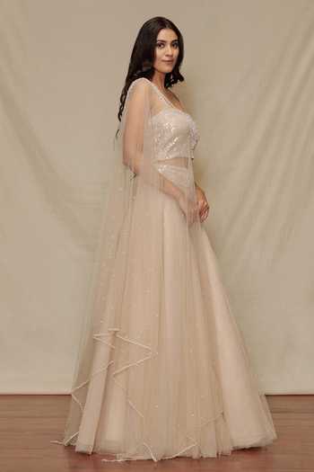 Buy Shriya Som Beige Tulle Sequin Embellished Lehenga Set Online | Aza ...