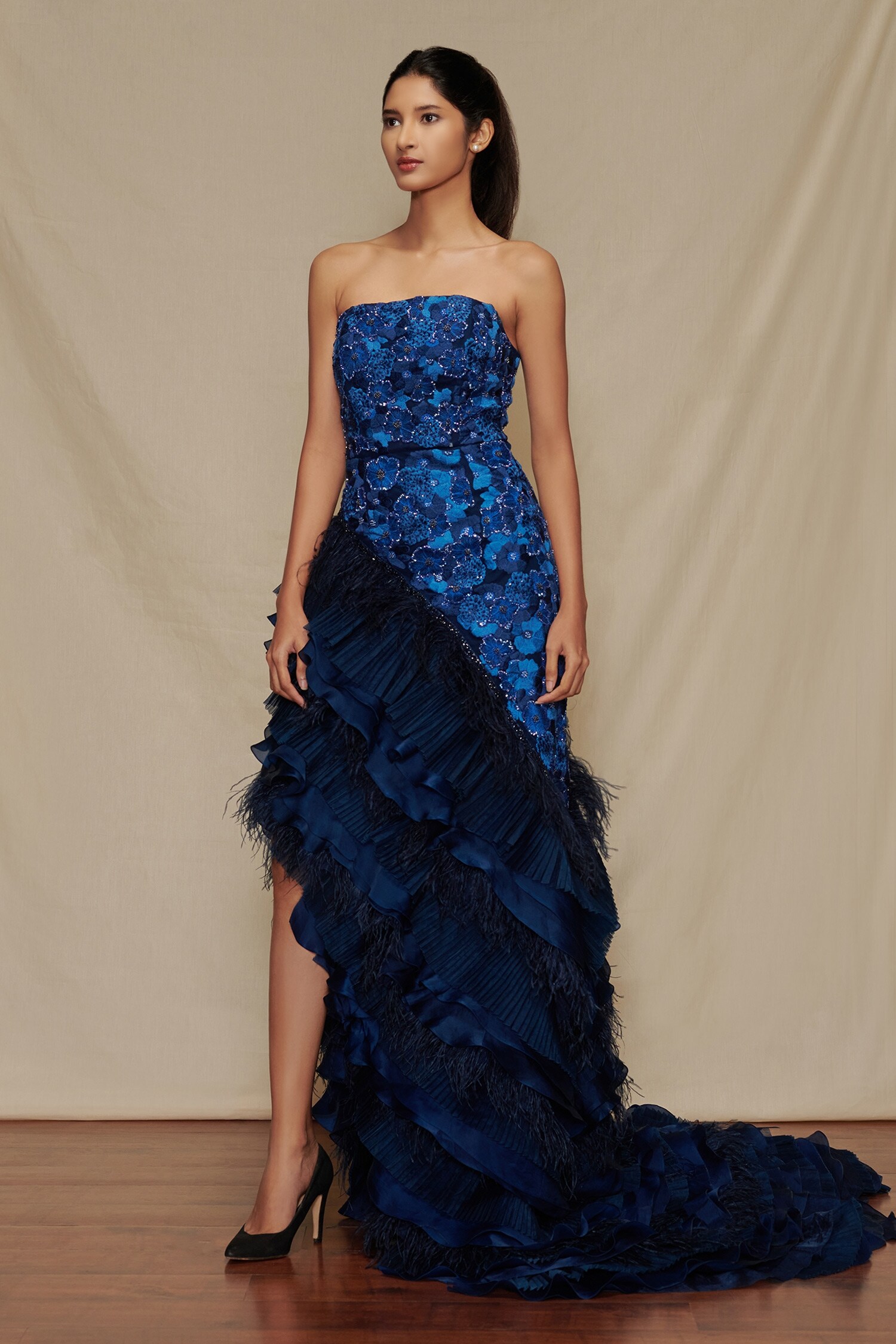 Buy Blue Tulle And Organza Embroidered Feather Embellished Trail Gown ...