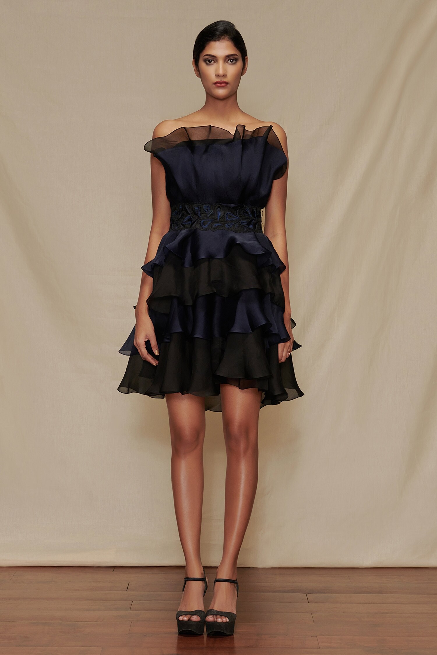 Buy Blue Organza Solid Straight Layered Ruffle Dress For Women by ...