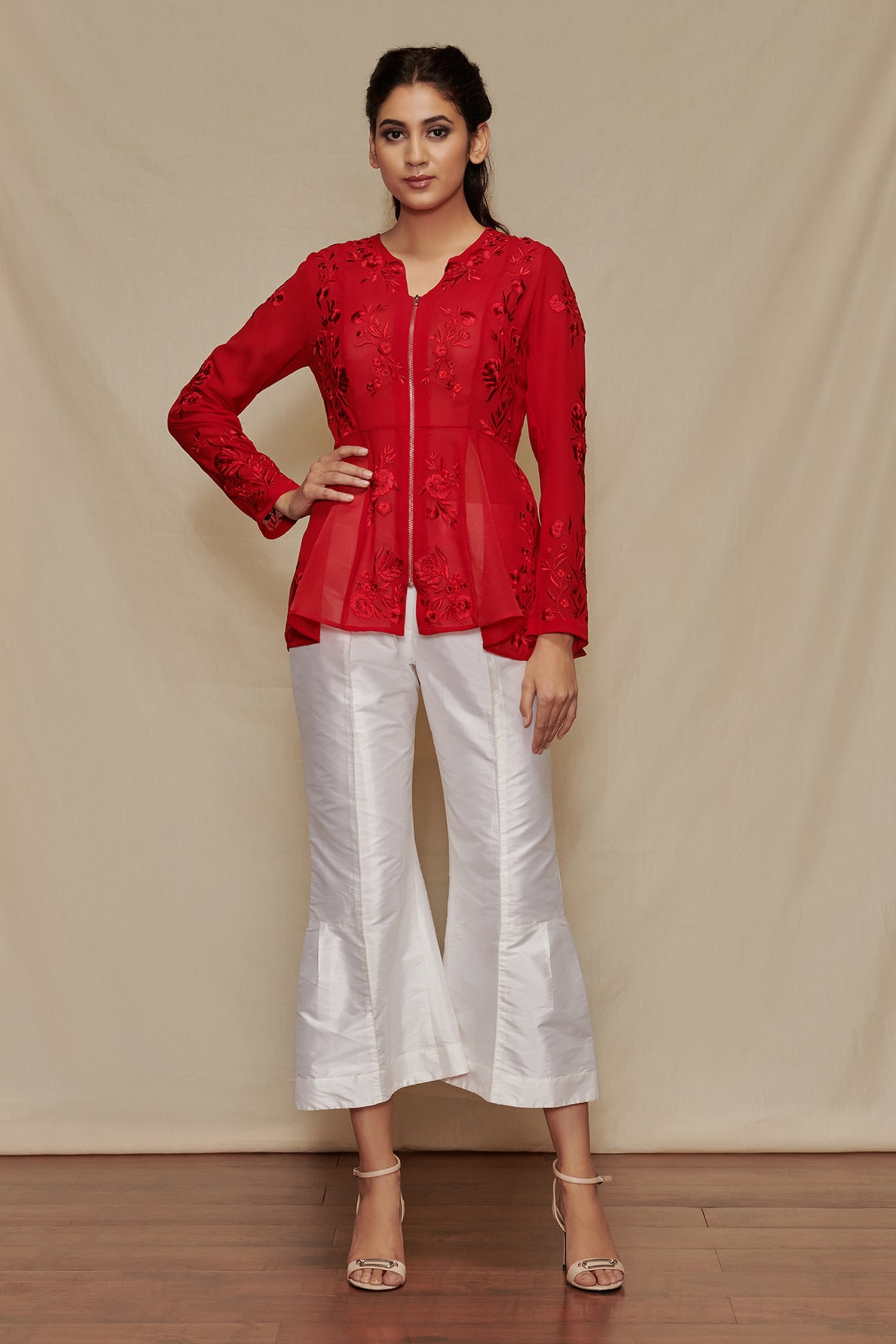 Buy Red Georgette Embroidered Floral Motifs Notched Godet Top For Women ...