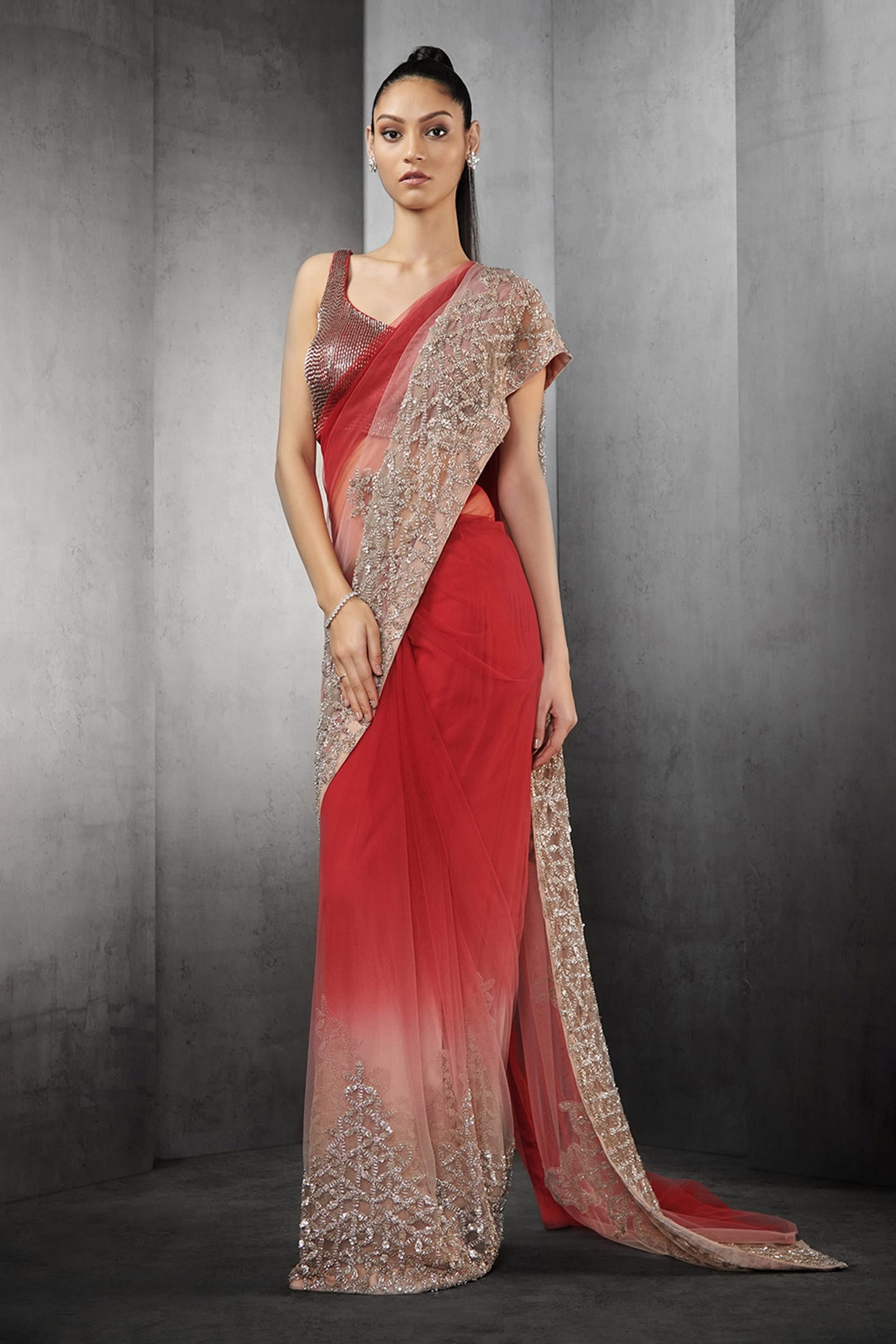 Buy Red Tulle Embroidered Floral Motifs Pre-draped Ombre Saree For ...