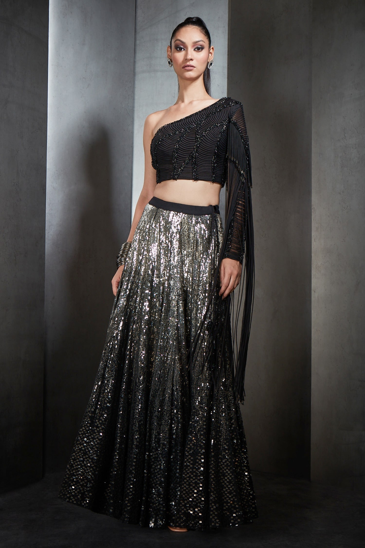 Buy Rohit Gandhi + Rahul Khanna Silver Tulle Ombre Lehenga And One ...