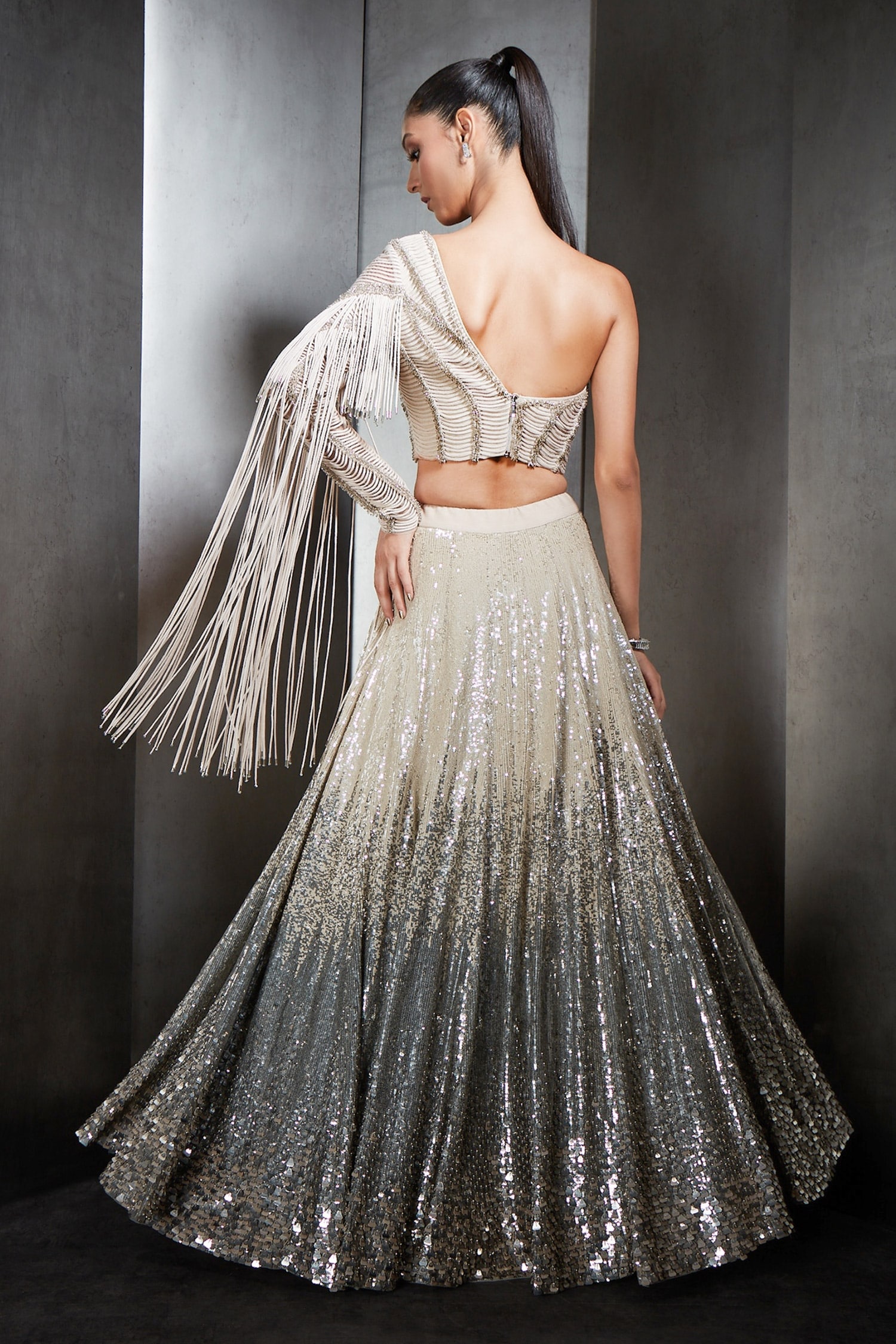 Buy Rohit Gandhi + Rahul Khanna Silver Tulle Ombre Lehenga And One ...