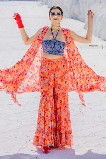 Buy Etasha by Asha Jain Orange Satin Printed Cape And Tiered Pant Set ...