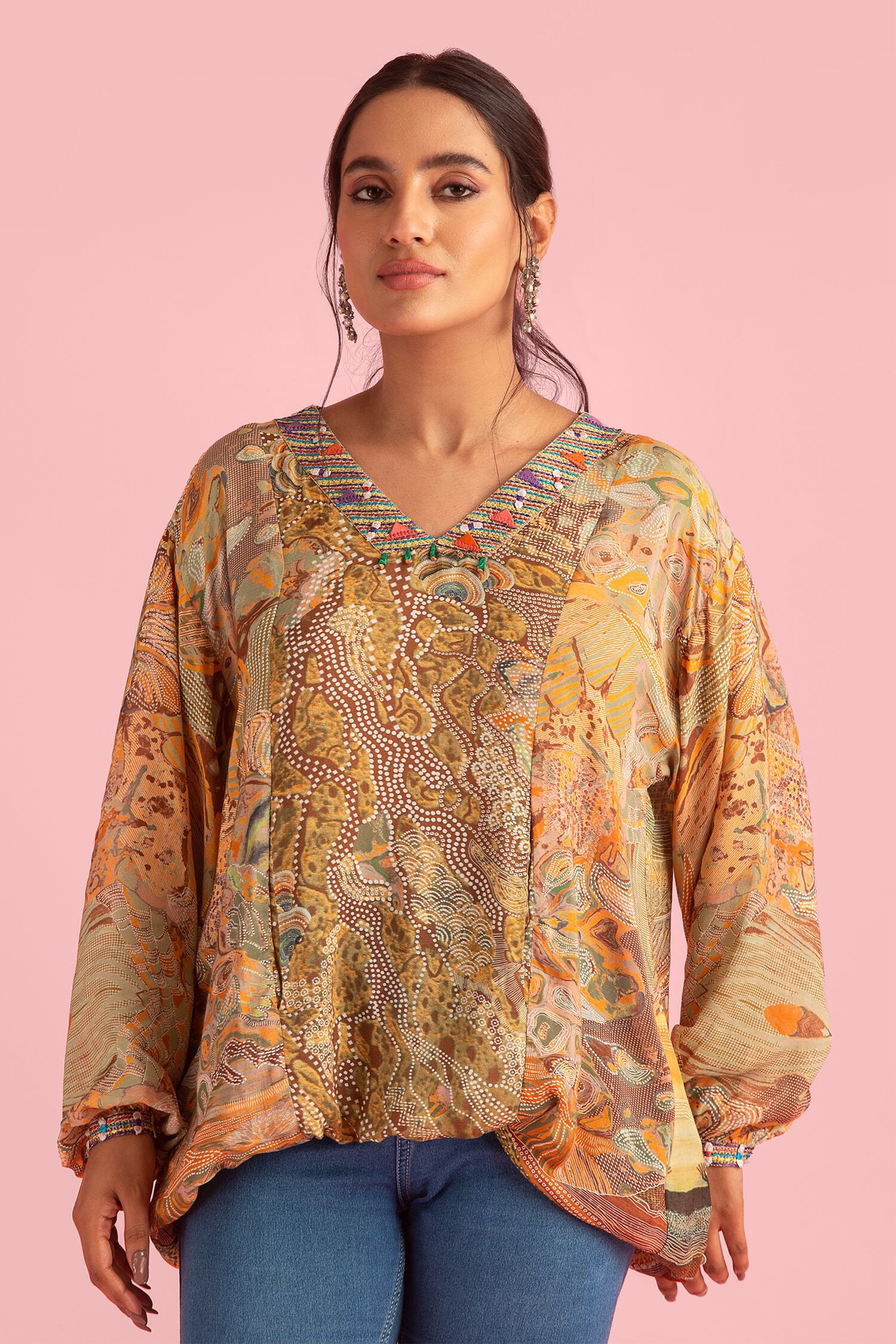 Buy Brown Muslin Silk Print And Embroidery Abstract Mystical Forest Top ...