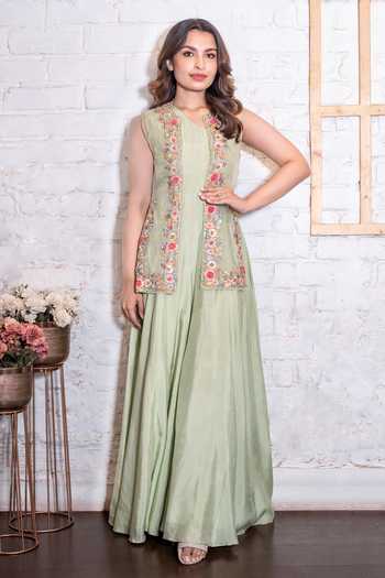 Buy Green Silk Slub Embroidery Glass Jacket With One Shoulder Jumpsuit ...