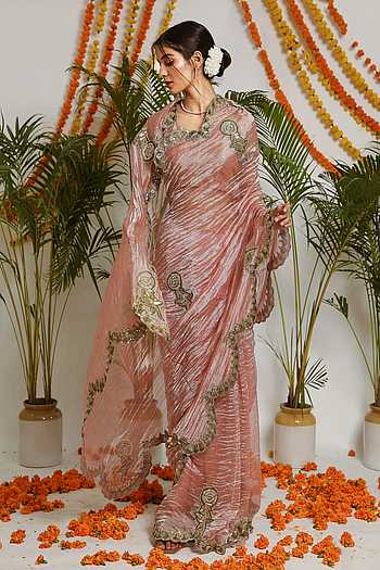 Buy Pink Silk Tissue Embroidered Patchwork Gulab Saree Set For Women by ...