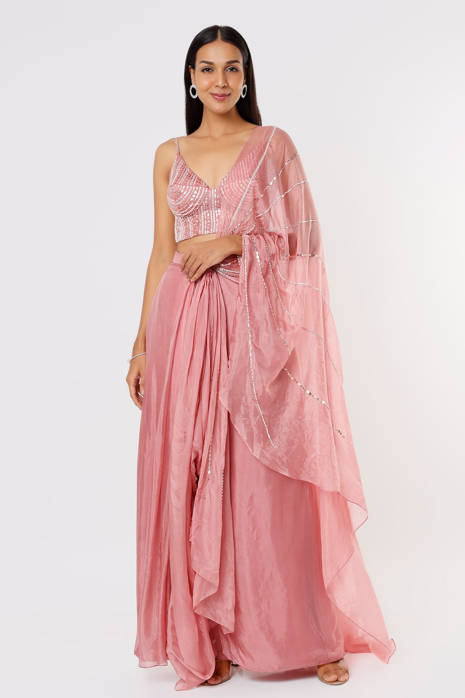 Buy Pink Silk Embroidered Sequins V Draped Dhoti Saree With Corset ...