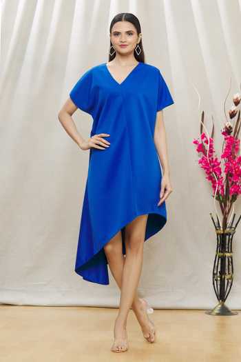 Buy Blue Scuba Plain V Neck Asymmetric Draped Dress For Women by Megha ...