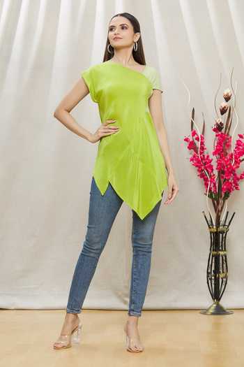 Buy Green Crepe Asymmetric Draped Tunic For Women by Megha Garg Online ...