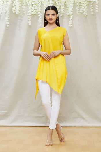 Buy Yellow Crepe V Neck Draped Asymmetric Tunic For Women by Megha Garg ...