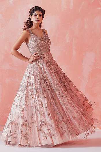Buy Peach Net; Lining: Shantoon Embroidery Sequin And Bugle Sleeveless ...