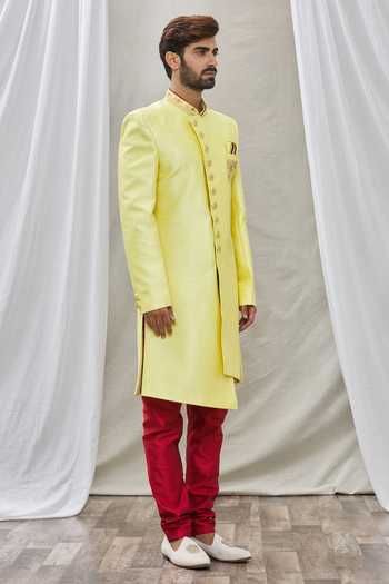 Buy Aryavir Malhotra Yellow Mandarin Collar Sherwani Set Online | Aza ...