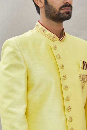 Buy Aryavir Malhotra Yellow Mandarin Collar Sherwani Set Online | Aza ...