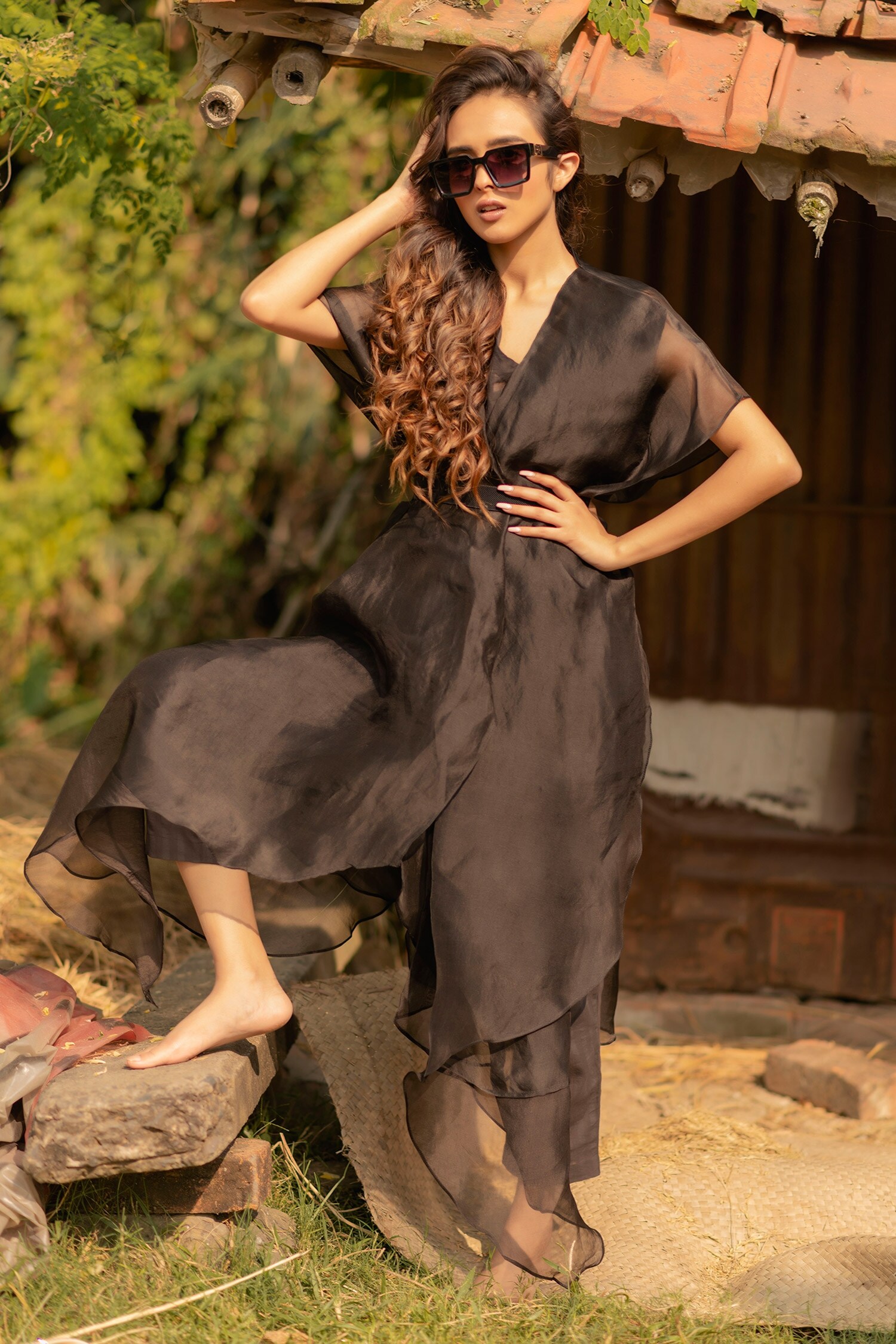 Buy Black Organza V Neck Fray Jacket With Inner For Women by Vaani ...