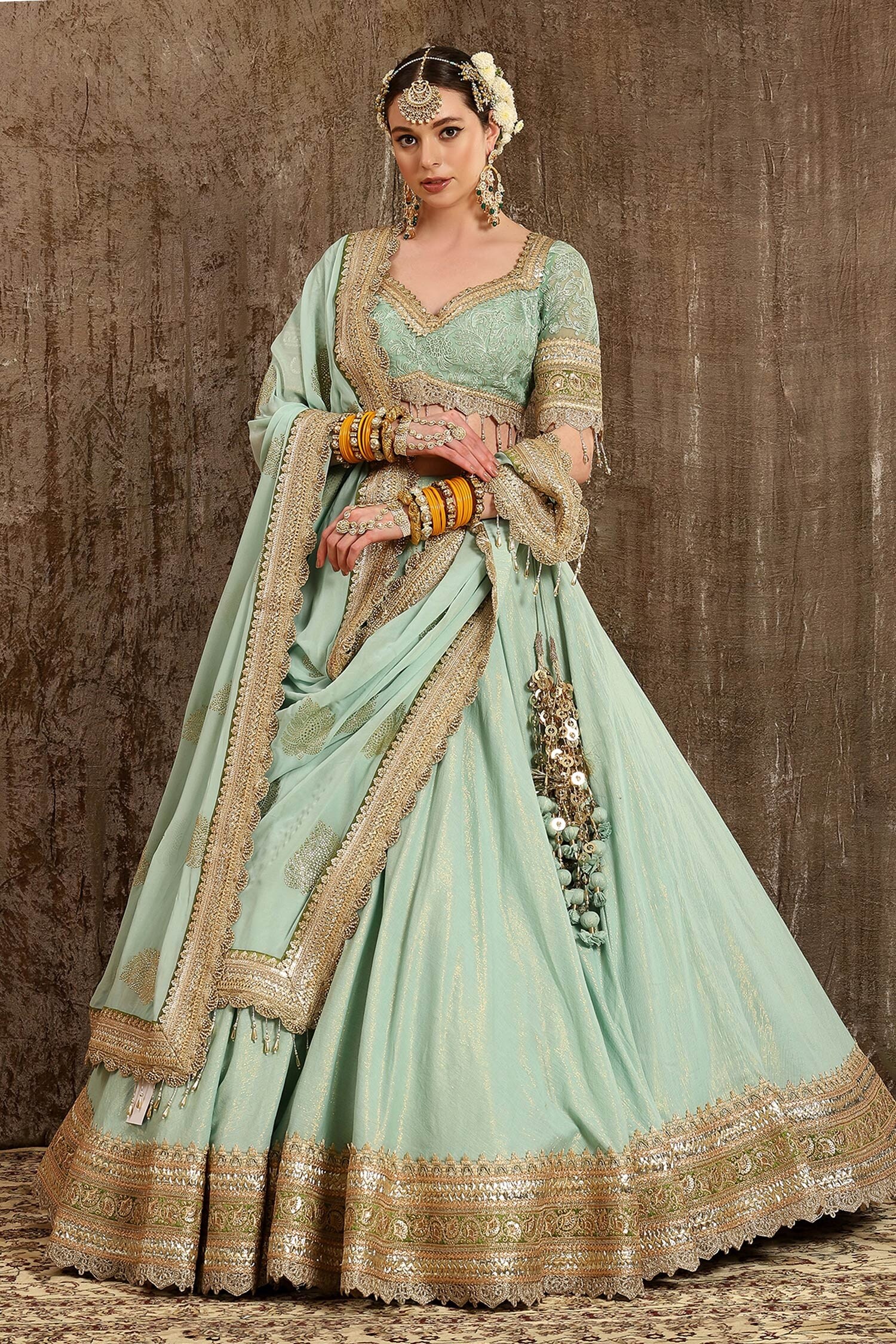 Buy Green Cotton Shimmer Chanderi Embroidery Gota Bridal Lehenga Set ...