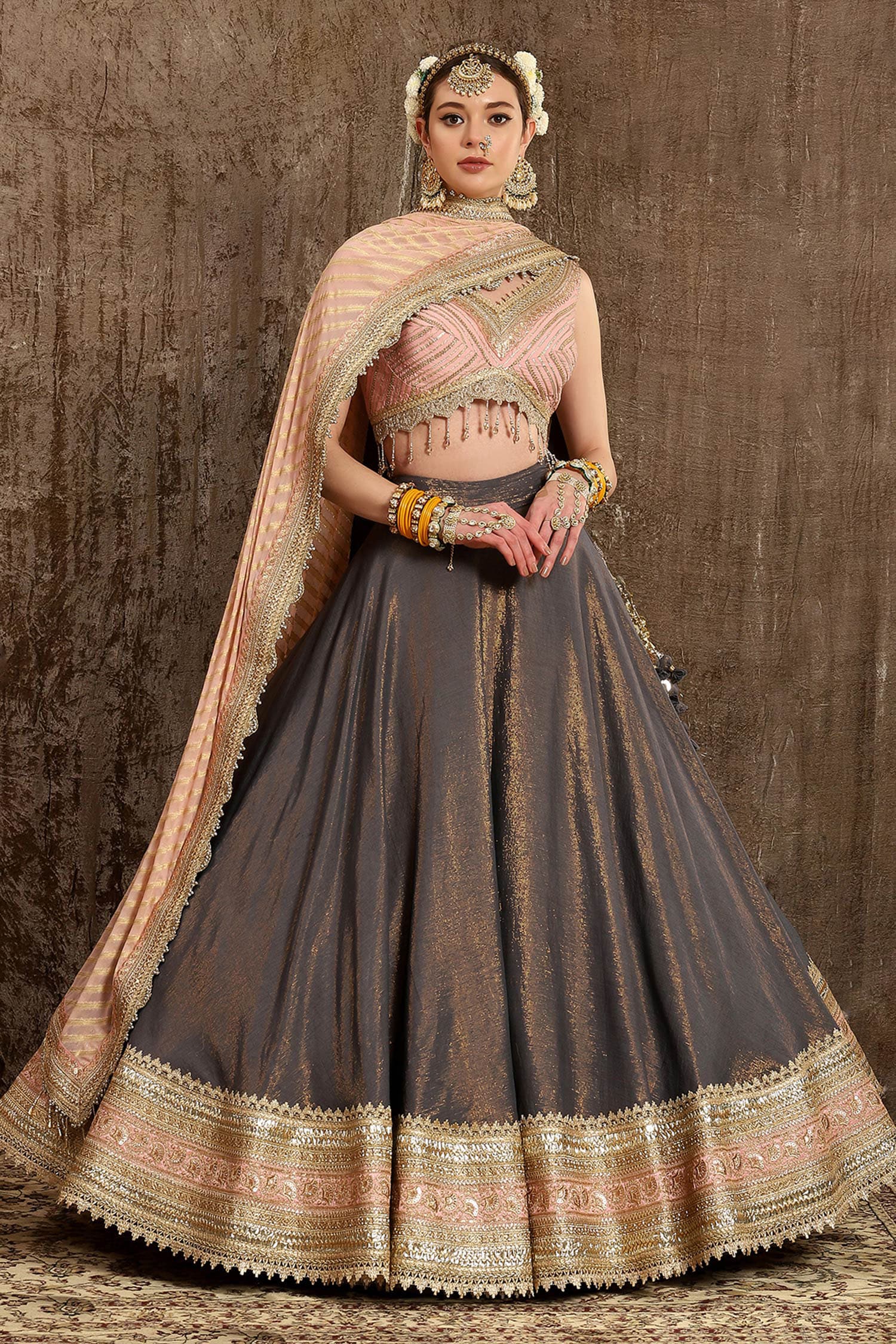Buy Grey Lehenga Cotton Shimmer Chanderi Embroidery Gota And Bridal Set ...